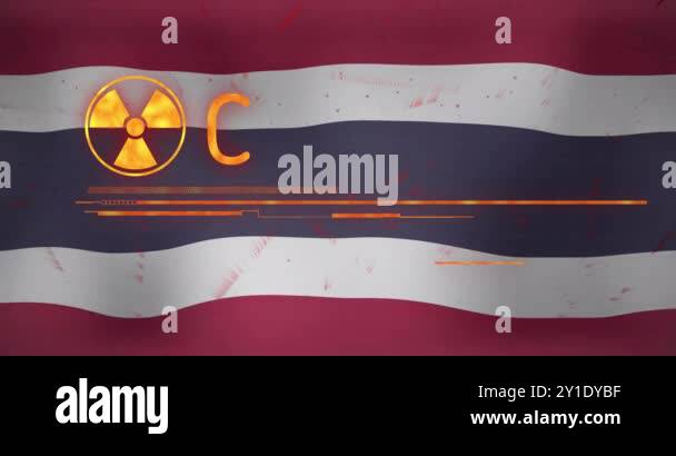 Warning and immediate action required animation over waving flag ...