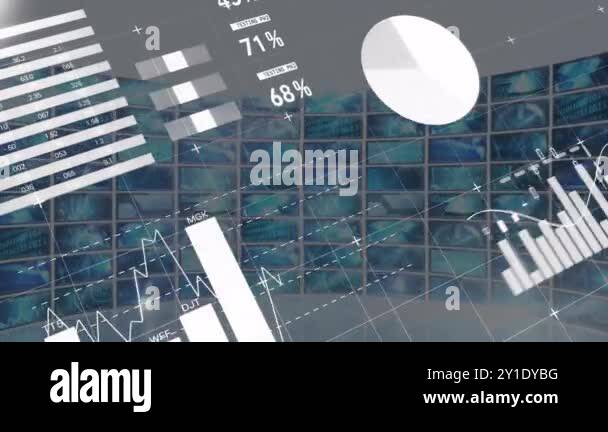 Financial charts and graphs animation over multiple screens displaying global data. Finance ...