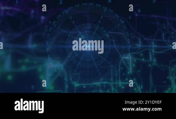 Digital data and network connections animation over circular grid with ...