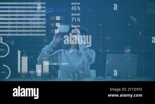 Virtual reality user interacting with data visualization animation over world map and charts ...