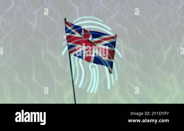 Union Jack flag waving over digital fingerprint and circuit board animation. Technology ...