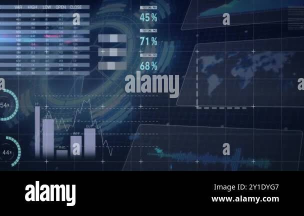 Global data analysis animation over pie charts and bar graphs. analytics, statistics ...