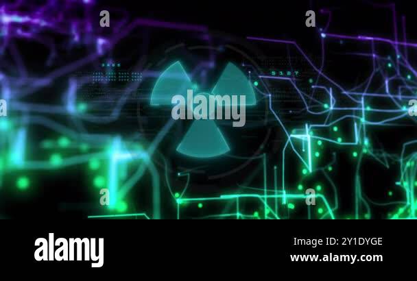 Radiation hazard symbol animation over digital network and data processing visualization ...