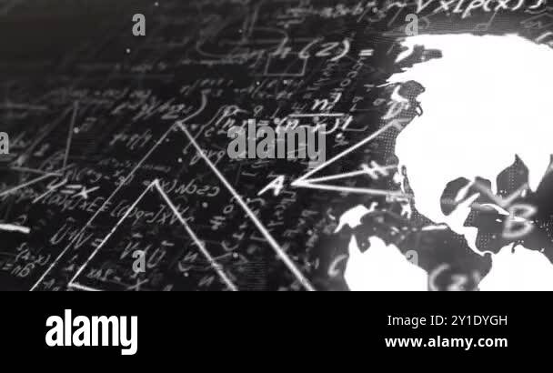 Mathematical equations and formulas over rotating globe animation. Globalization, technology ...