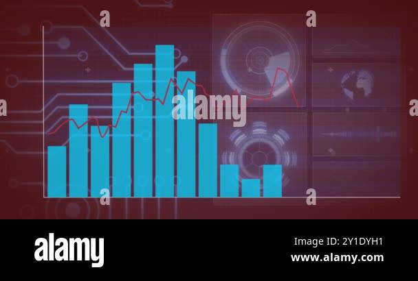 Bar and line graph animation over digital circuit board background. Data, analytics, technology ...