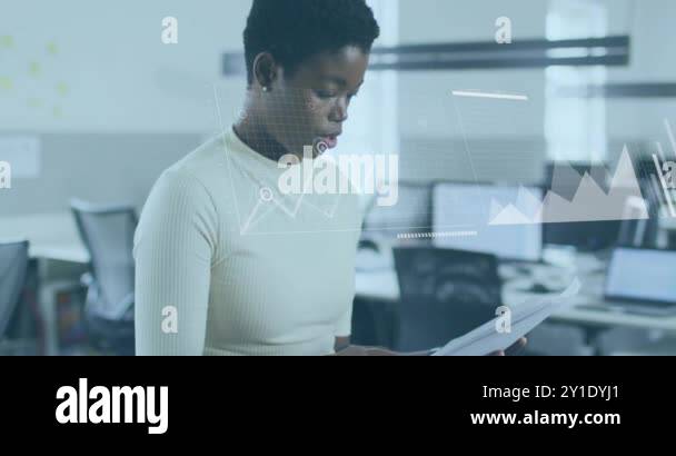 Analyzing documents, businesswoman with data charts and graphs animation over office background ...