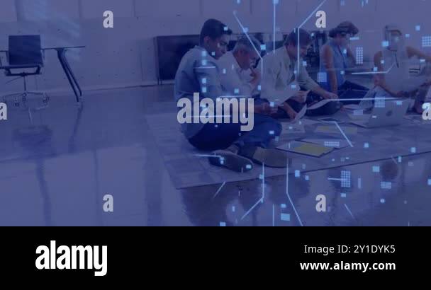 Analyzing documents, group of people sitting on floor with data processing animation. Teamwork ...