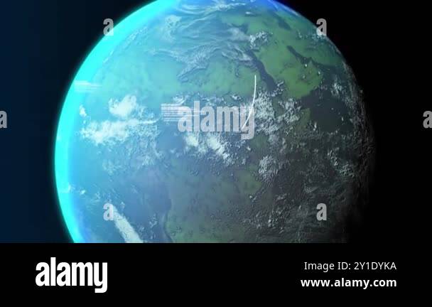 Earth from space with data processing animation over continents. Planet, globe, satellite ...