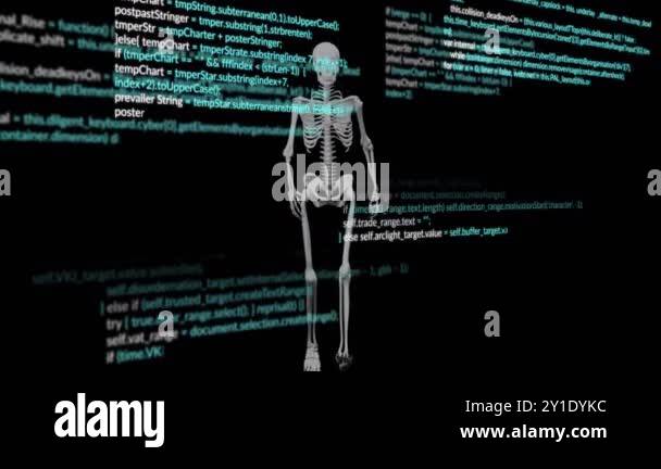 Skeleton with medical data and coding animation over black background ...