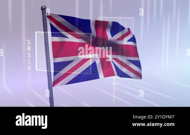 Union Jack flag waving over digital data processing animation. Technology, coding, analysis ...
