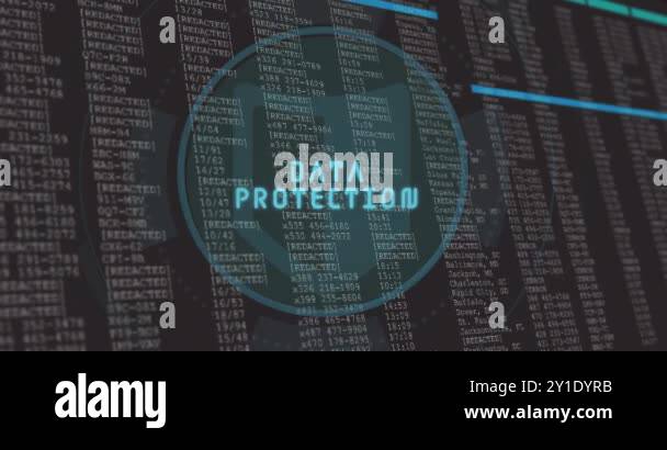 Digital data analysis animation over redacted text and numbers on dark background. technology ...