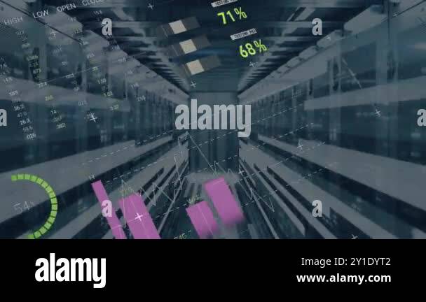 Pie charts and data analytics animation over server racks in data center. technology ...