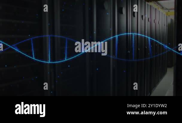 Animating DNA strand and binary coding over server racks in data center. Technology, biotech ...