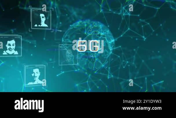 5G text animation over digital network and portraits around globe ...