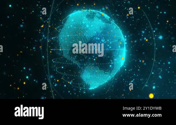 Rotating digital globe with data points and lines, global network animation. Technology ...