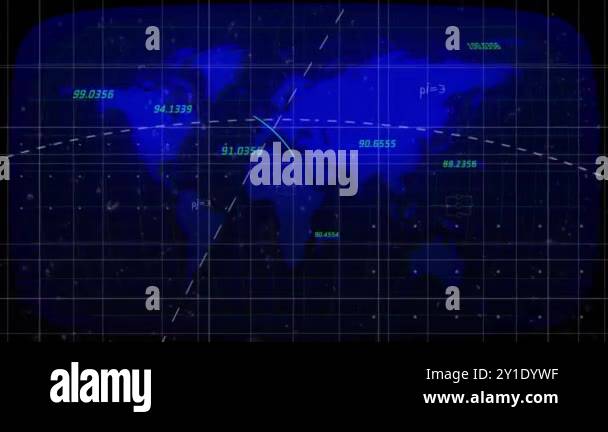 Mathematical equations and coordinates animation over blue world map ...