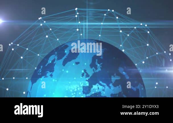 Network of connections and data points over rotating Earth animation. Global, technology ...
