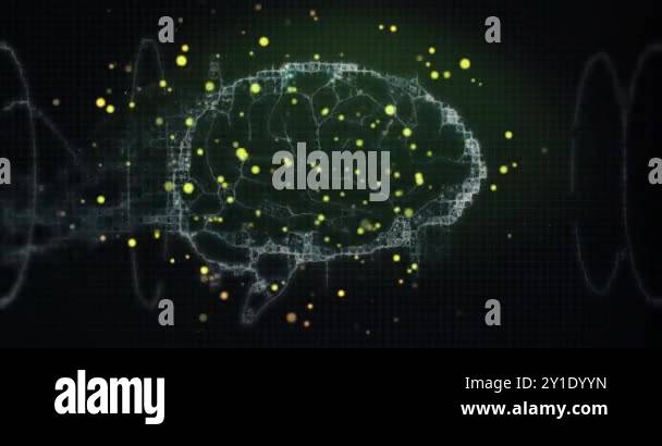 Digital brain animation with glowing particles over dark background. Artificial intelligence ...