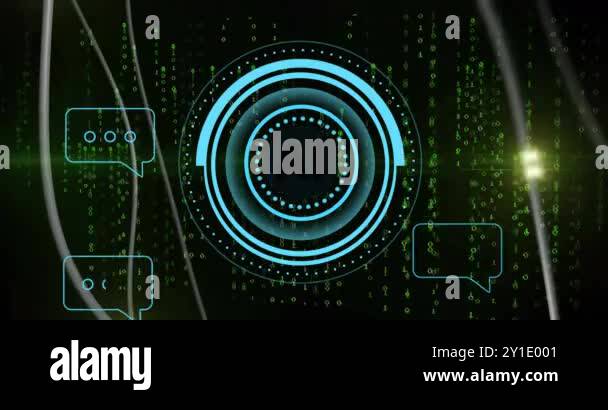 AI text bubbles and binary code animation over green digital background. Artificial intelligence ...