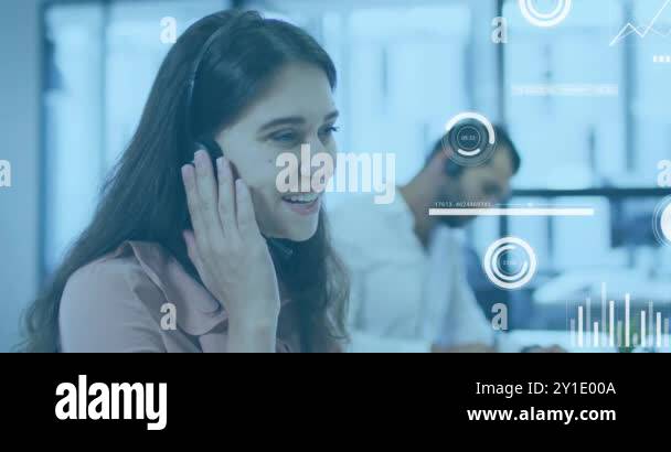 Businesswoman talking on headset, data analytics animation over office ...