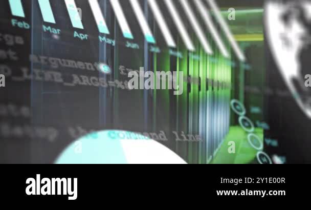 Data processing animation over server racks in dimly lit data center. Technology, networking ...