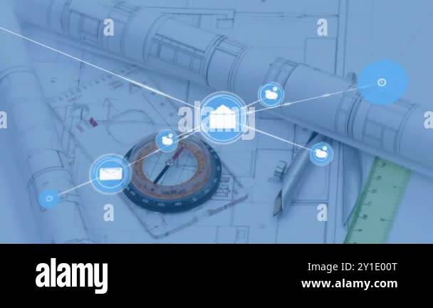 Blueprints and compass with network of connections animation overlaid ...