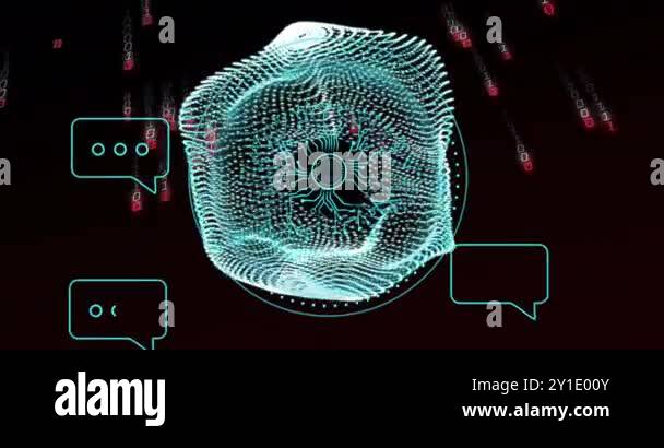 AI neural network animation over binary code and digital communication icons. Technology ...