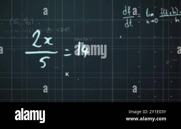 Animated mathematical equations and formulas over dark grid background. Mathematics, animation ...