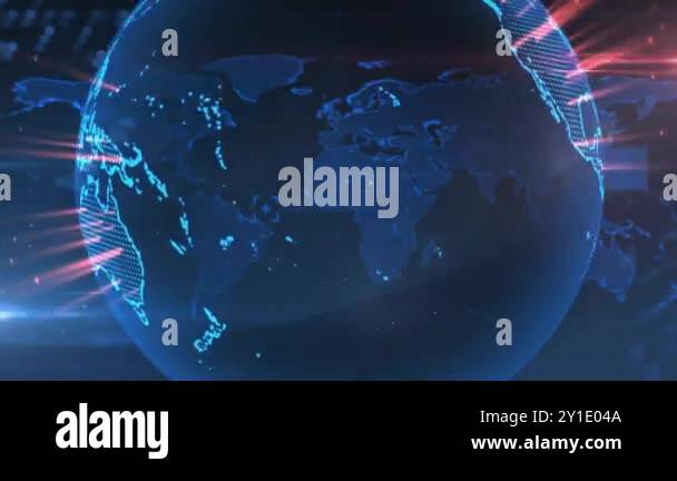 Breaking news text animation over digital globe with red and blue lights. communication ...