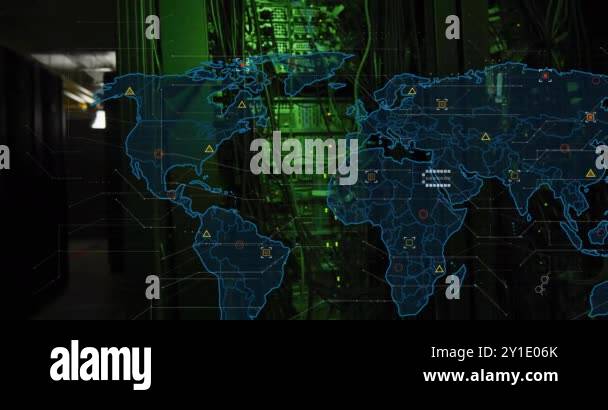 World map with data points and network connections animation over server room. Technology ...