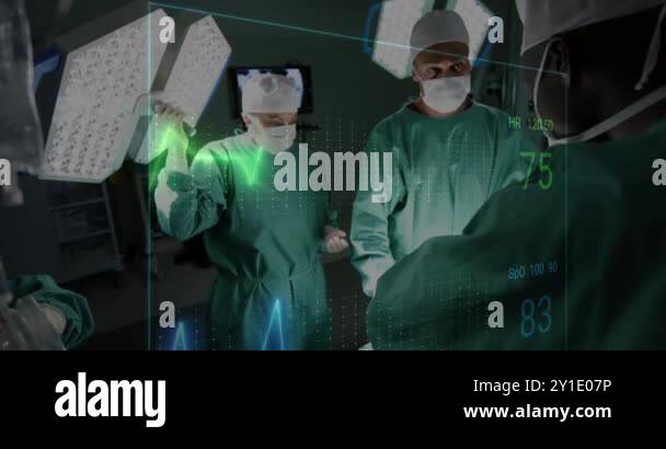 Medical team performing surgery with vital signs and heart rate ...