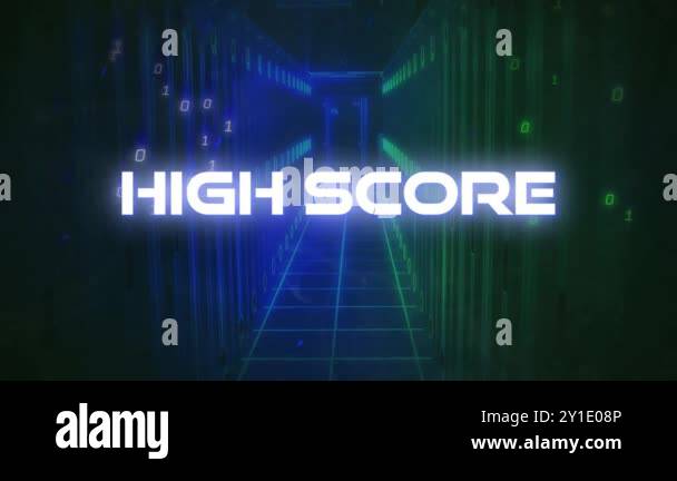 High score text animation over binary code and server room background ...