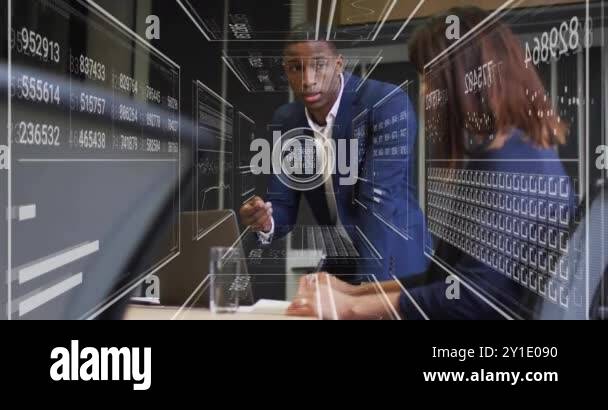 Business meeting with data visualization animation over diverse ...