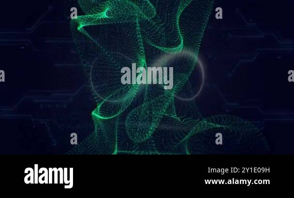Abstract green particle waves forming complex shapes, digital data animation. futuristic, motion ...