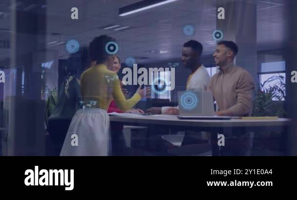 Business meeting with diverse team over digital interface with data processing animations ...