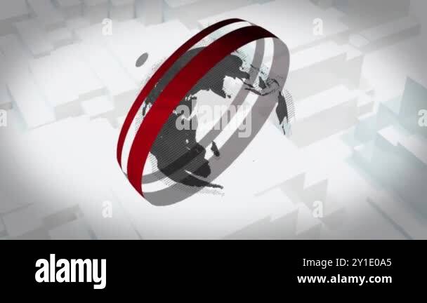 Rotating globe animation with red and white rings over abstract ...