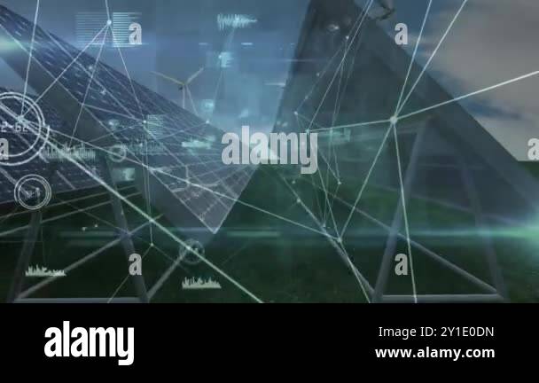 Solar panels processing data with network connections in animated ...
