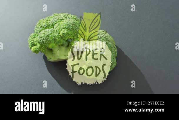 Broccoli with SUPER FOODS text animation over green leaf graphic ...