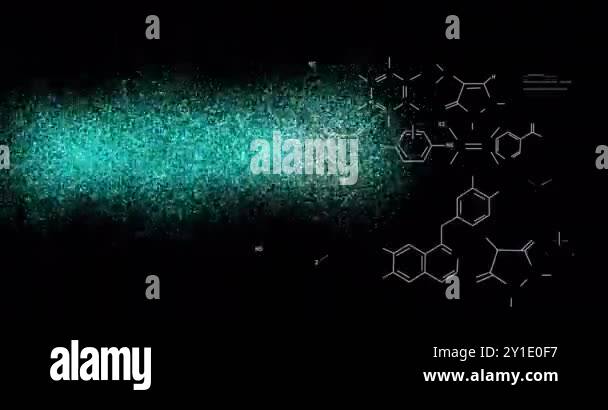 DNA strand animation over chemical structures and molecular formulas ...