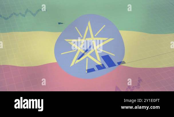 Data visualization animation and colorful charts and graphs over flag ...