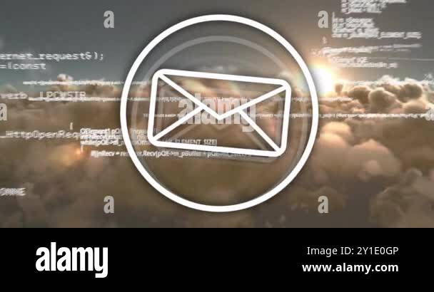 Email icon animation over digital code and clouds background ...