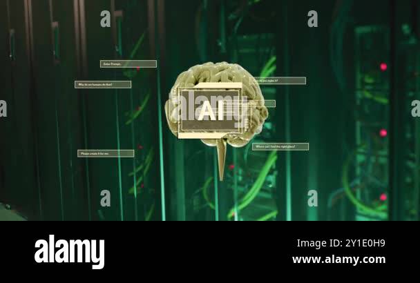 AI text animation over brain and server room background. Artificial intelligence, technology ...