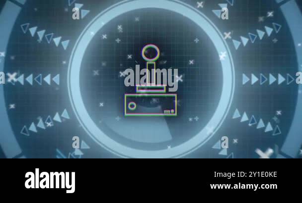 Joystick icon with geometric shapes and digital symbols in blue ...