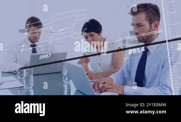 Business people working on laptops with data charts and graphs over ...