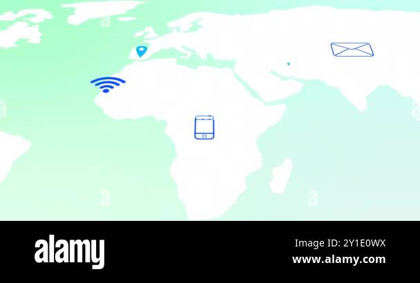 Communication icons animation over world map with location markers ...