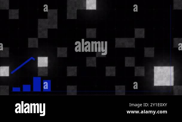 Bar chart and line graph animation over pixelated black and white ...