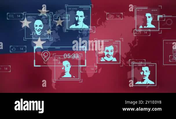Facial recognition and surveillance animation over world map with Samoa ...