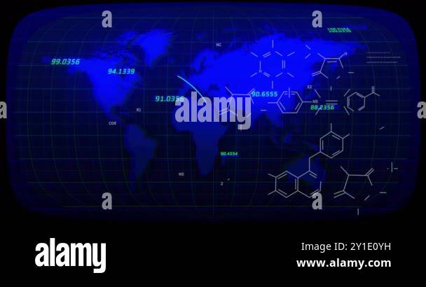 Chemical formulas and coordinates animation over world map. Science ...