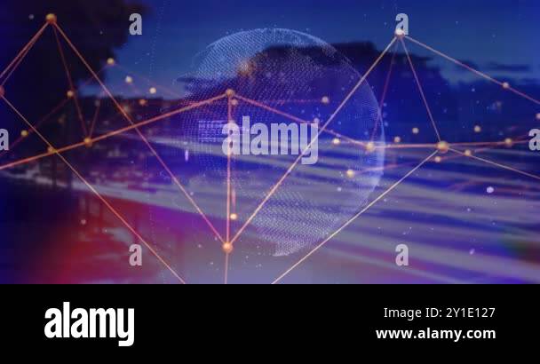 Global network connections and data processing animation over cityscape ...