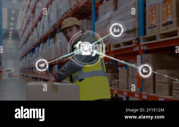 Handling package in warehouse, worker with logistics network animation ...